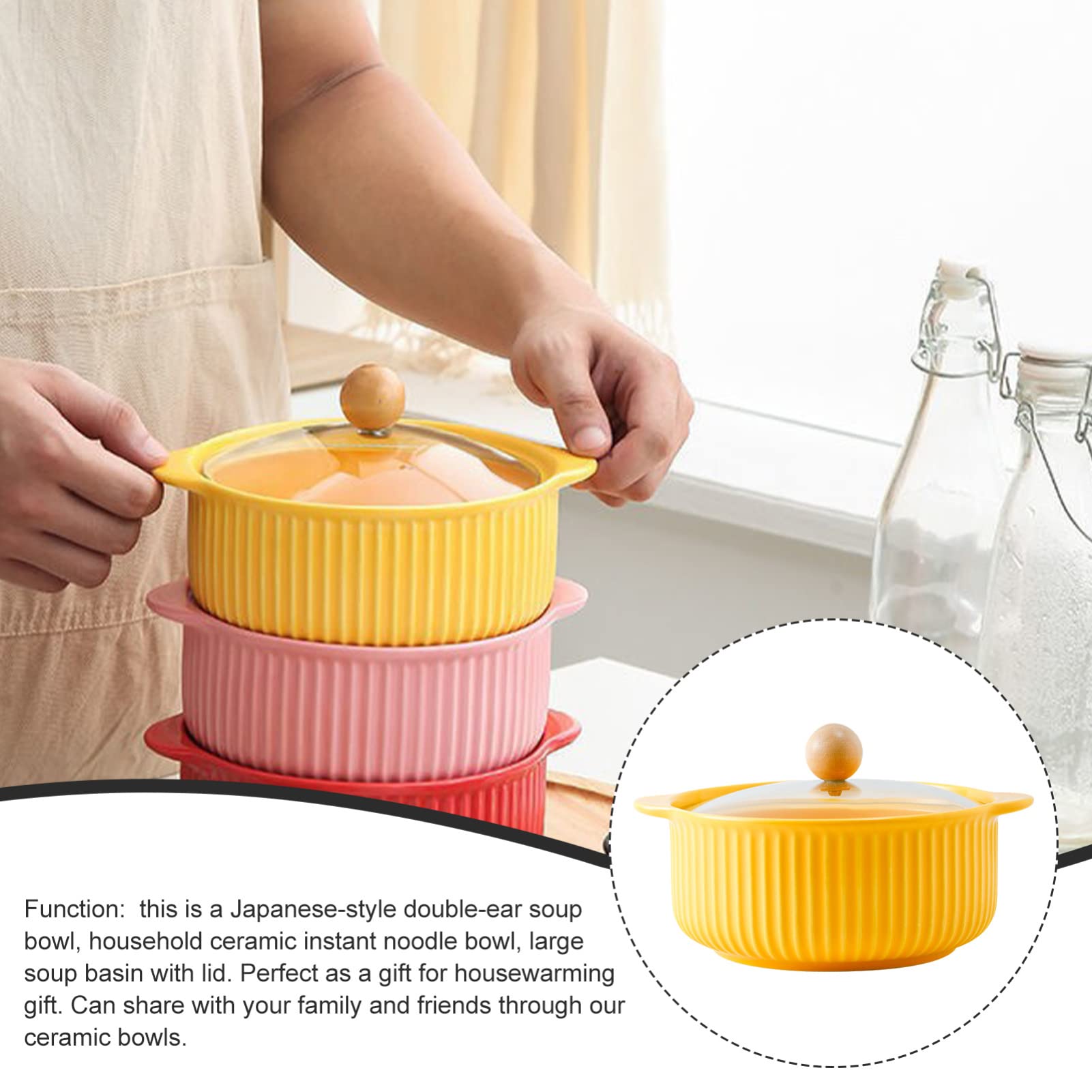 LIFKOME Ceramic Soup Bowl With Handles And Lid Ceramic Serving Bowl Set for Soup Instant Noodles Soup Mug Modern Simple Style Cereal Bowl Table Decoration Yellow