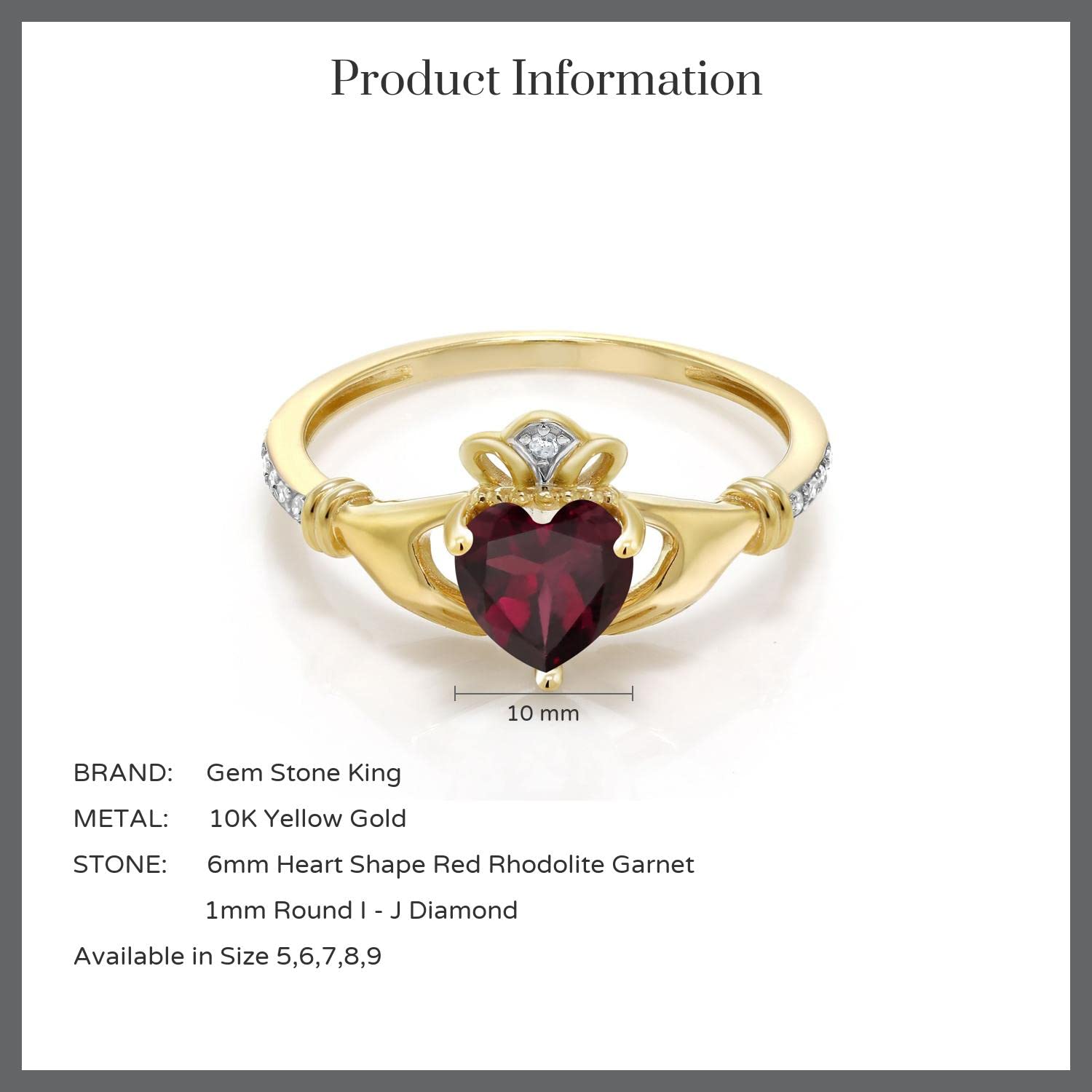 Gem Stone King 10K Yellow Gold Irish Celtic Claddagh Red Rhodolite Garnet and Diamond Accent Engagement Ring For Women (0.78 Cttw, Available in size 5, 6, 7, 8, 9)