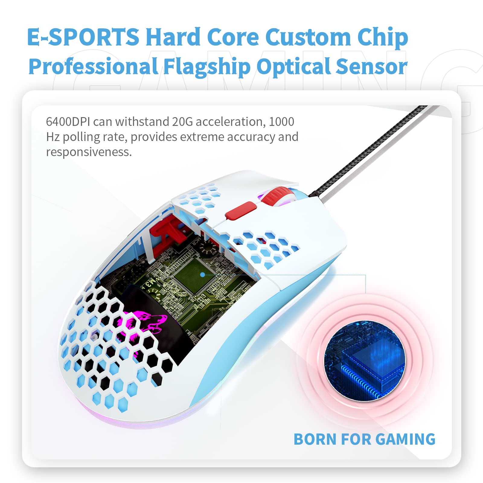 MAGIC-REFINER Wired Lightweight Gaming Mouse, 69g Ultralight Honeycomb Shell, RGB Chroma Backlit, 6400 DPI Optical Sensor, Ergonomic 6 Programmable Buttons for E-Sports,Laptop,PC,Mac Gamer