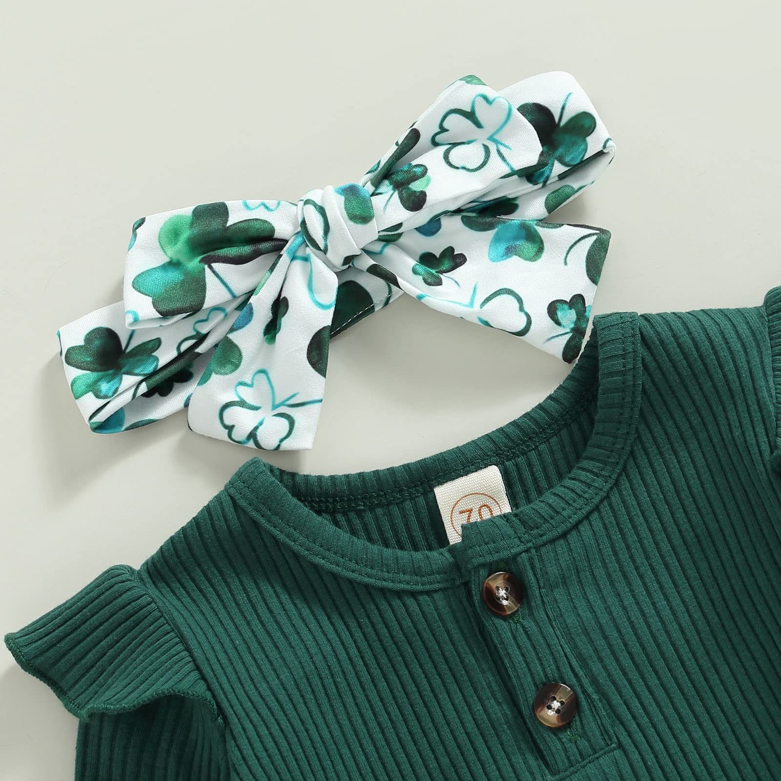 Newborn Infant Baby Girl St Patrick Day Clothes Long Sleeve Knitted Romper Clover Print Bell Bottom Pants Outfit Set (Green, 3-6 Months)