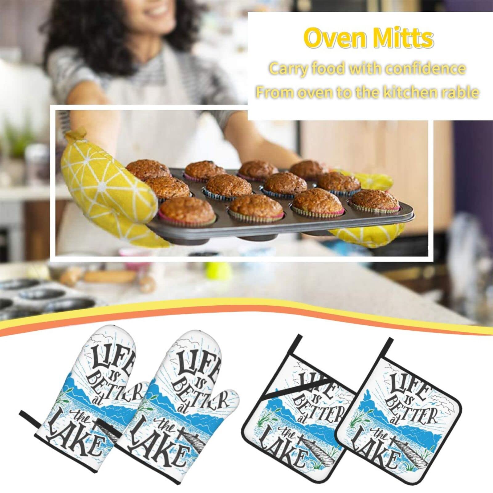 Life is Better at The Lake Pier Plants Mountains Oven Mitts and Pot Holders Sets of 4,Heat Resistant Kitchen Microwave Gloves and Pot Pads with Non-Slip Surface for Grilling Baking Cooking BBQ