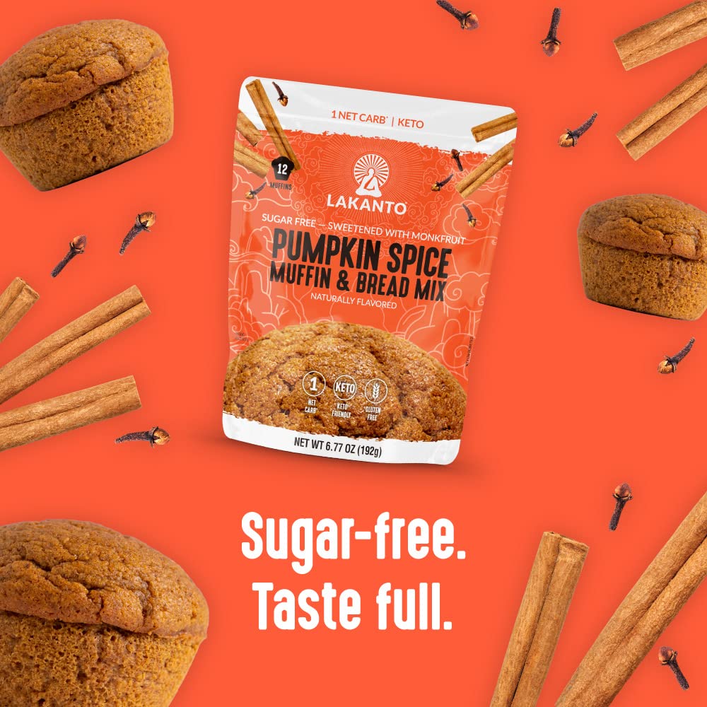 Lakanto Sugar Free Pumpkin Spice Muffin and Bread Mix - Sweetened with Monk Fruit, Keto Diet Friendly, Gluten Free, Dairy Free, 1g Net Carbs - Makes 12 Muffins