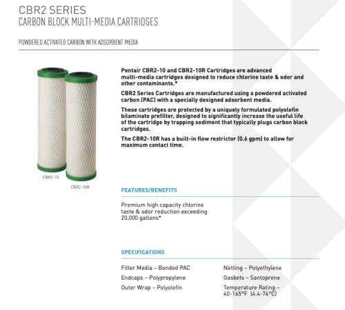 Pentair Pentek CBR2-10R Carbon Water Filter, 10-Inch, Under Sink Carbon Block Multi-Media Replacement Cartridge with Built-In Flow Restrictor, 10" x 2.5", 0.5 Micron