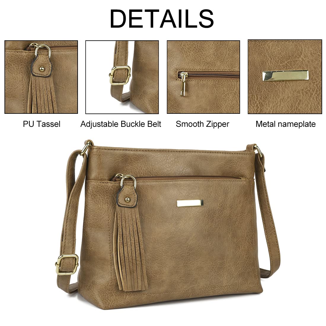 Medium Sized Retro Style Hobo Bag Zipper Shoulder Purse with Tassel Decoration Crossbody Handbag for Women (Brown)