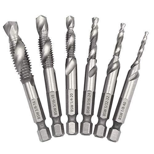 Mesee 6 Pieces Drill Tap Combination Bit Set, 1/4'' Hex Shank HSS Deburr Countersink Bits Spiral Screw Tap Tool Kit - Imperial 1/8 5/32 3/16 1/4 5/16 3/8