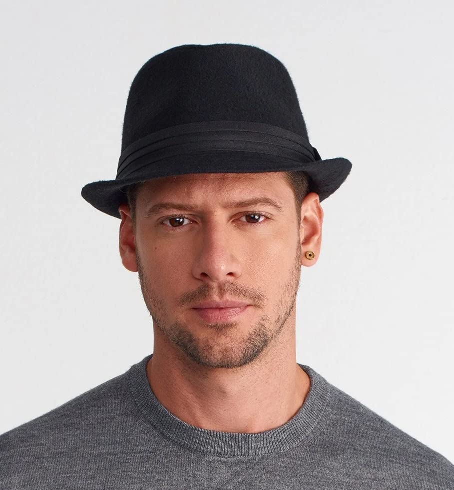 Men's Classic Short Brim Trilby Hat Gangster Fedora Wool Cap with Band (S/M)