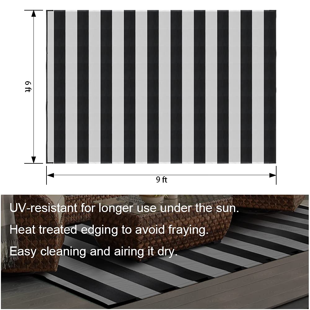 Pcinfuns Plastic Straw Rug,Patio Rugs RV Camping Rug Reversible Mat,6'x9' Large Floor Mat and Rug for Outdoor,Black and White Stripes