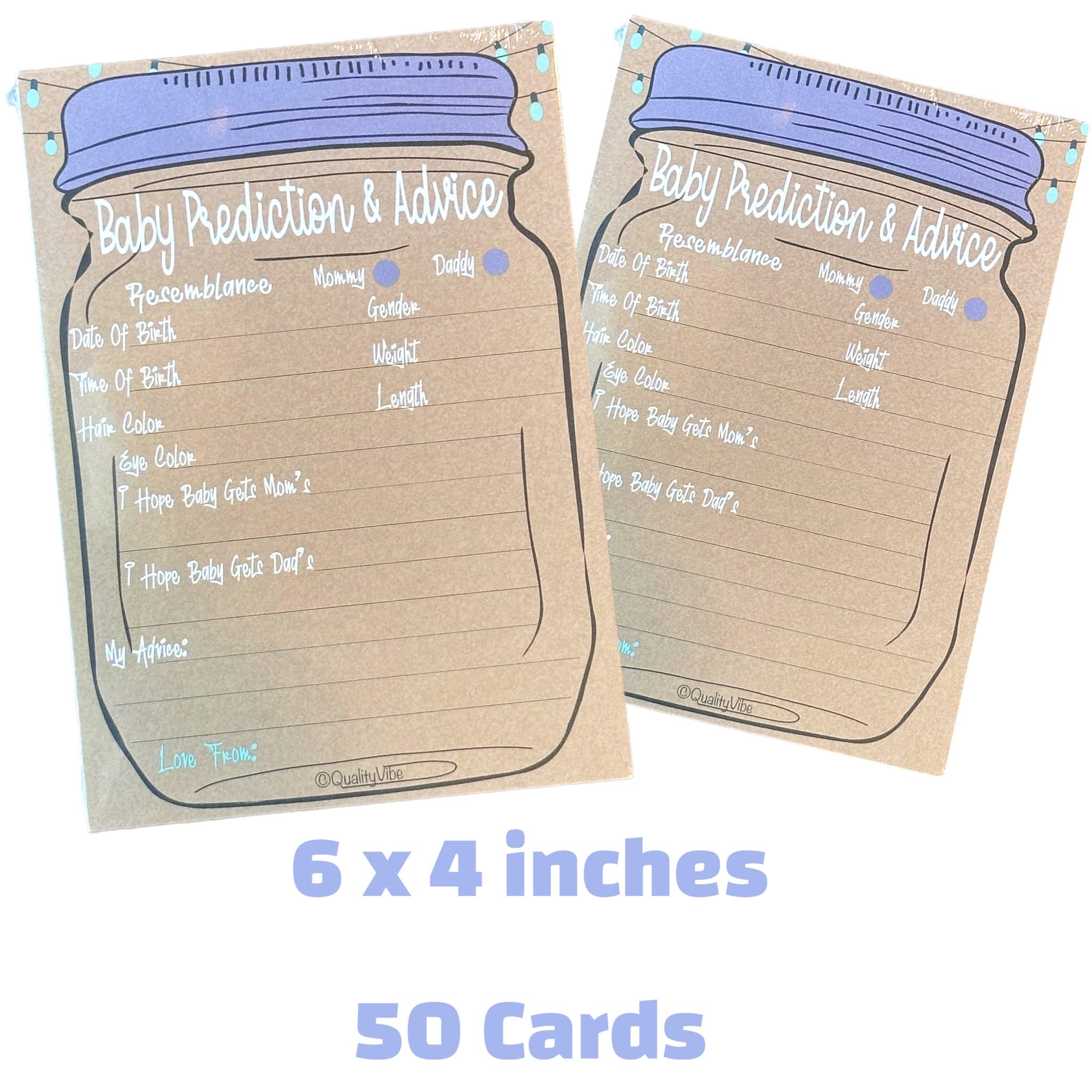 QualityVibe Baby Prediction and Advice Cards Set Of 50. Baby Shower Activity Games. Kraft Style & Mason Jar Background. Thick and easy to write on with any Pen.