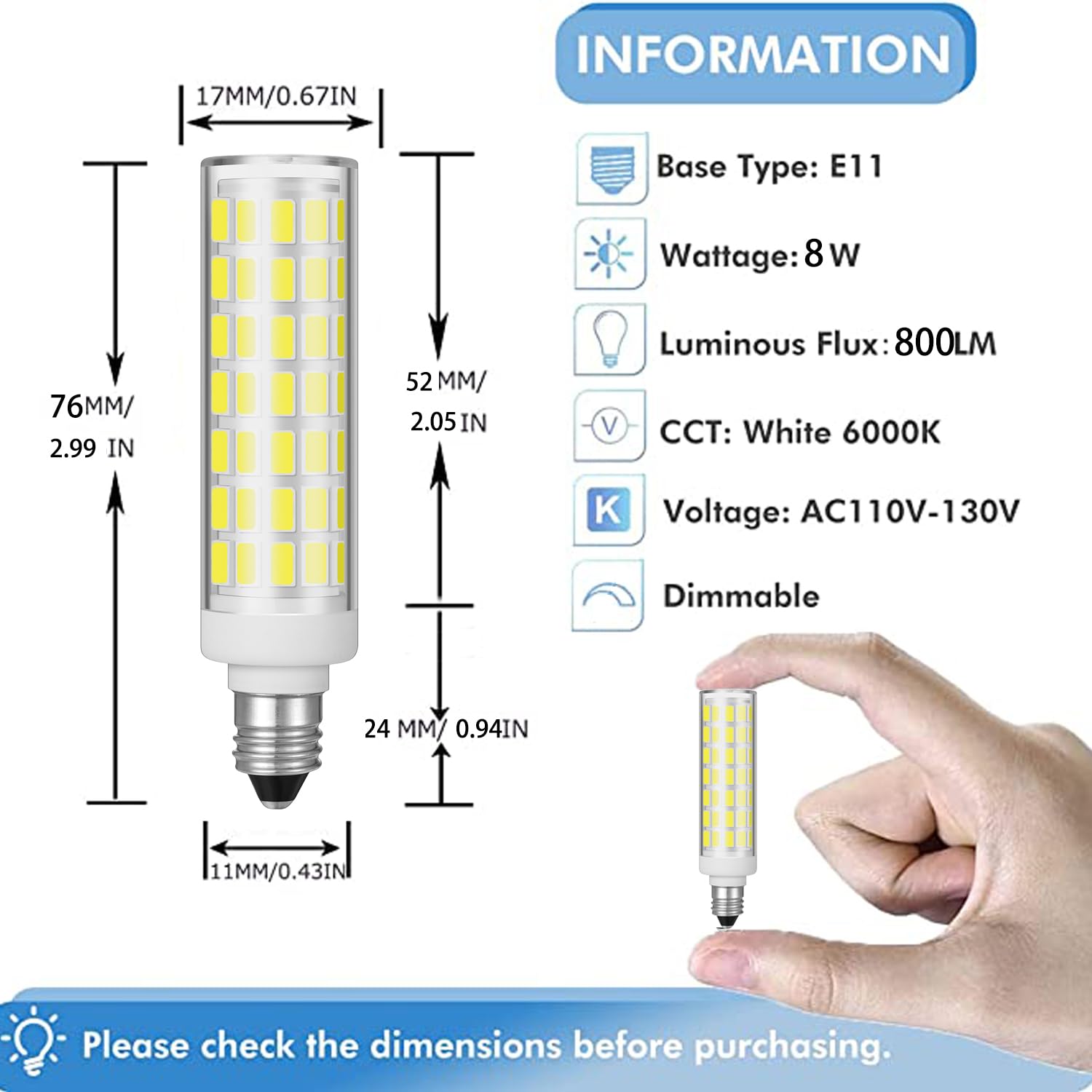 SSXBF E11 Led Bulb 8W 80W Halogen Replacement Dimmable,T3 T4 Mini Candelabra Base,Daylight White 6000K,100-130V for Ceiling Fans, Chandeliers, Cabinet Lighting, Pack of 2