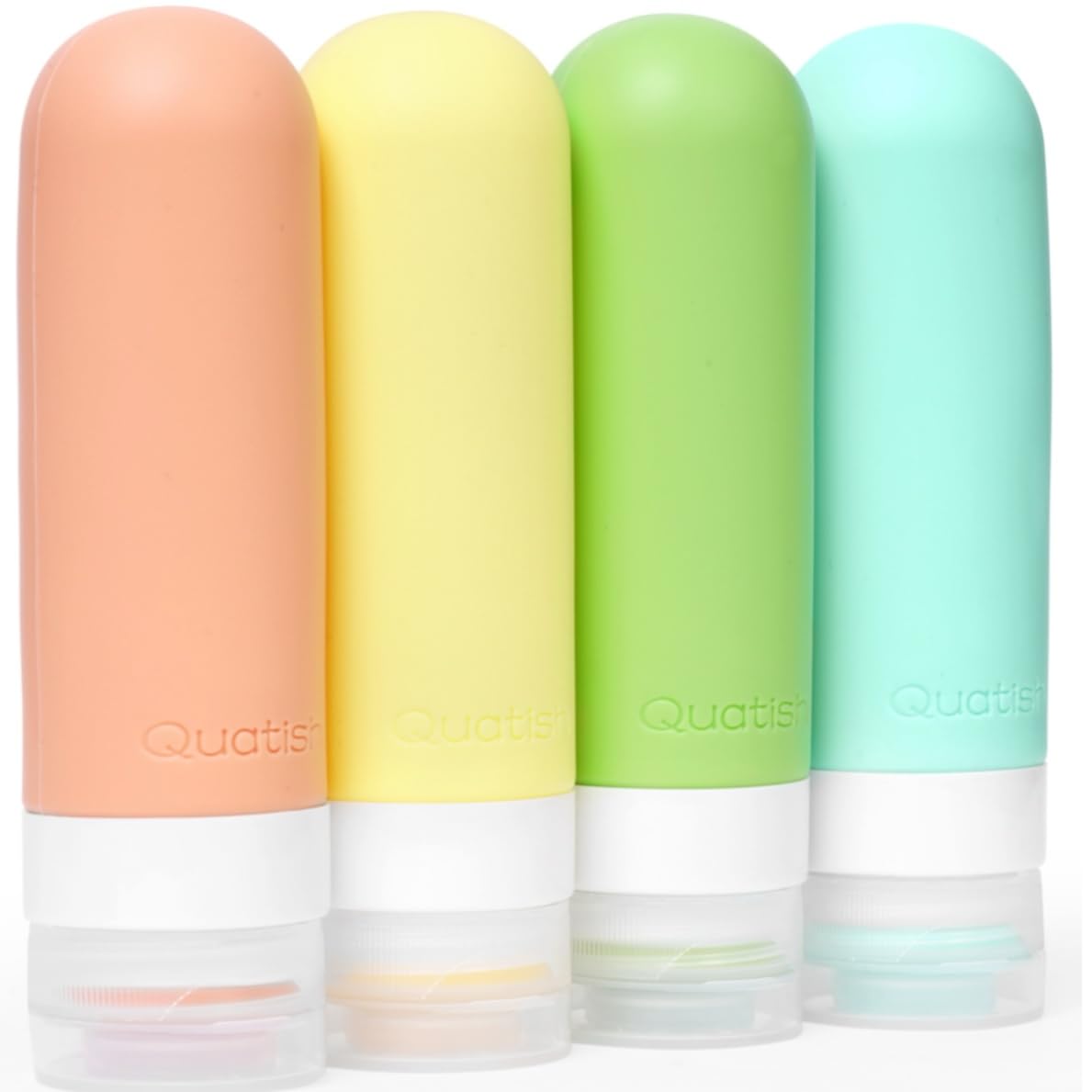 Quatish Travel Bottles for ToiletriesćOriginal Patentedć, 3 oz Tsa Approved Leak Proof Travel Size Containers, Silicone Shampoo and Conditioner Bottles, 4 Pack Travel Size Bottles, Multi-Color