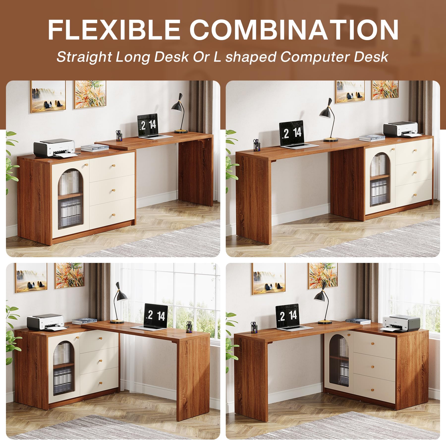 Tribesigns L Shaped Computer Desk with Drawers, Modern Corner Home Office Desk with Reversible Storage Cabinet, Long Study Writing Desk Workstation for Home Office, Black & White
