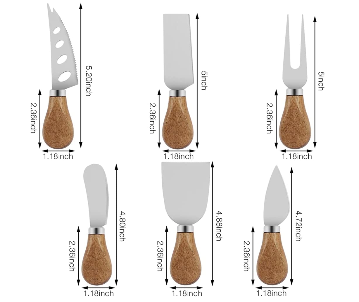 Makenna Premium Specialty Cheese Knife Set β Custom Storage Case Gift Box, Wide Solid Wood Handle, Stainless Steel Blade, Spreader, Slicer, Fork, 6 Pc Knives, Spatula for Charcuterie Board