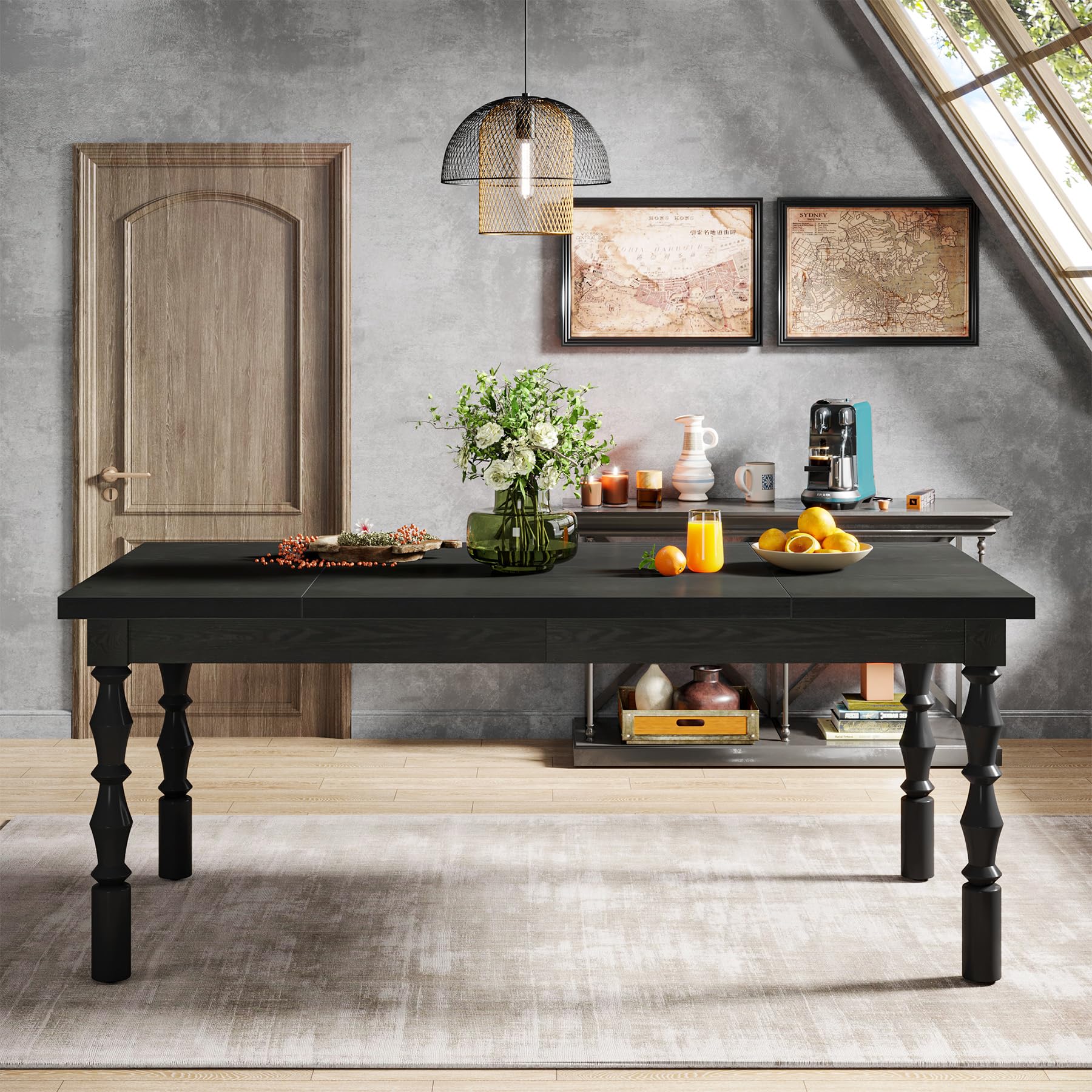 Tribesigns Wood Black Dining Table for 4-6 People, 62β Farmhouse Large Rectangle Kitchen Table, Modern Dinner Table Kitchen & Dining Room Furniture with Carved Turned Legs
