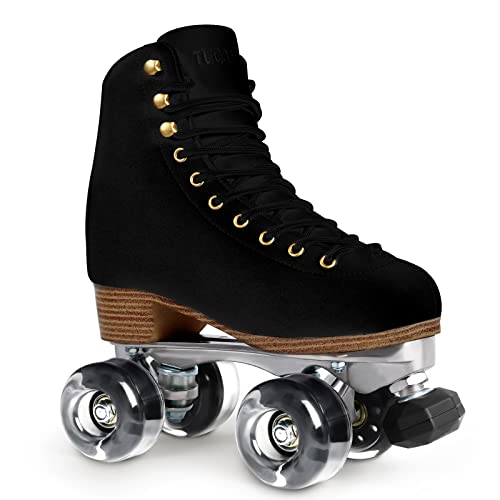 Tuosamtin Genuine Suede Roller Skates for Women Girls or Men with Height Adjustable Rubber Stoppers Retro Quad Roller Skates for Outdoor and Indoor (Black, Women's 9 / Men's 8)