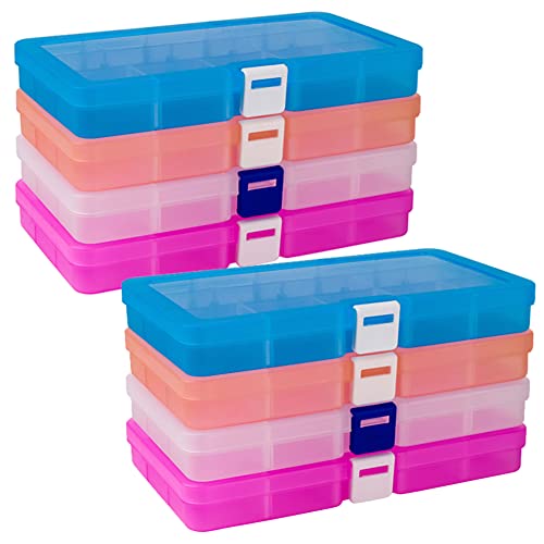 Qualsen 8 Pack Bead Organizer Plastic Compartment Box with Adjustable Dividers Craft Tackle Organizer Storage Containers Box 15 Grid (4 Colors)