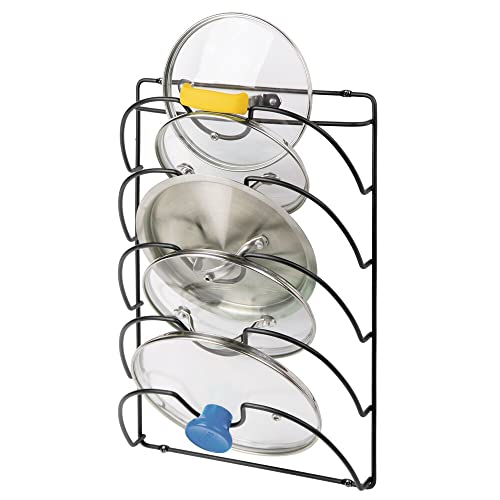 mDesign Metal Wire Pot and Pan Lid Rack Organizer for Kitchen Cabinet Doors or Wall Mount - Upright Storage Holder with 5 Slots - Black