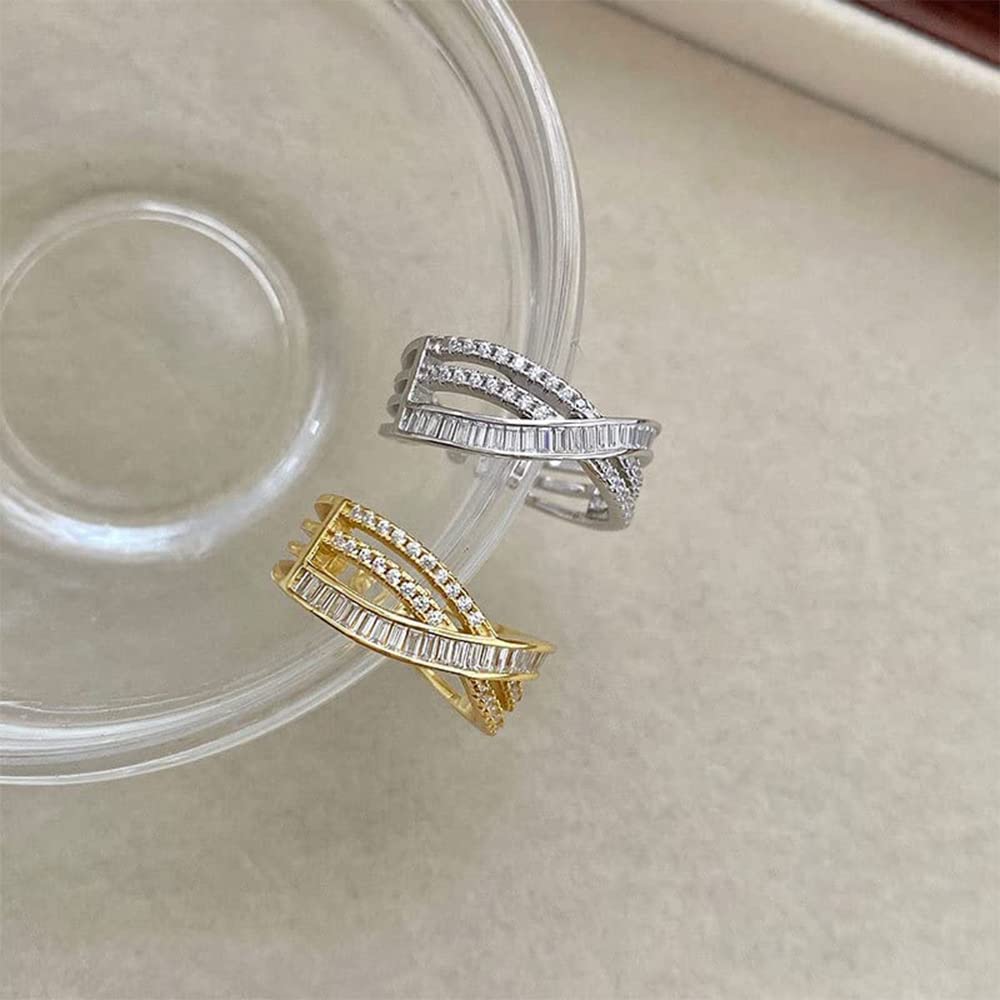 Moeva Twisty Ionic Ring, Cheap Rings for Women, Gold Plated Rings Women, Double Row Open Twist Knot Ring, Adjustable Zirconium Diamonds Open Ring, Womens Rings Size 7, Cross Ring Gold (Silver)