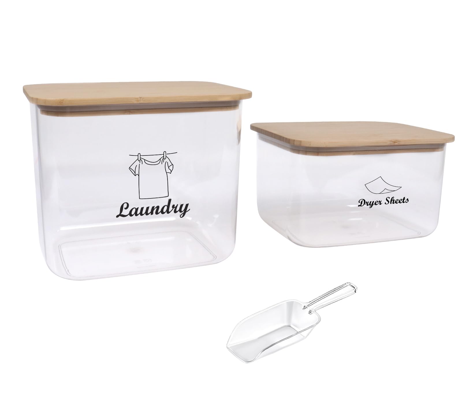 Xbopetda Laundry Pods Container and Dryer Sheet Holder for Laundry Room Organization and Storage, Acrylic Laundry Powder Detergent Dispenser, Clear Dryer Sheets Container, Bamboo Sealing Lid and Scoop