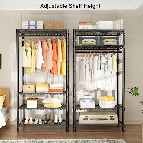 Ulif H2 Heavy Duty Clothes Rack, Freestanding 4 Tiers Garment Rack for Hanging Clothes with Shelves and Hangers, Closet Organizers and Storage Metal Closet Wardrobe System, Max Load 500 LBS, Black