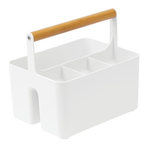 mDesign Plastic Portable Storage Organizer Kitchen Caddy Tote, Divided Bin w/Wood Handle for Napkins, Silverware, Forks, Knives, Spoons - Store in Cabinets, Counters - Aura Collection - White/Natural