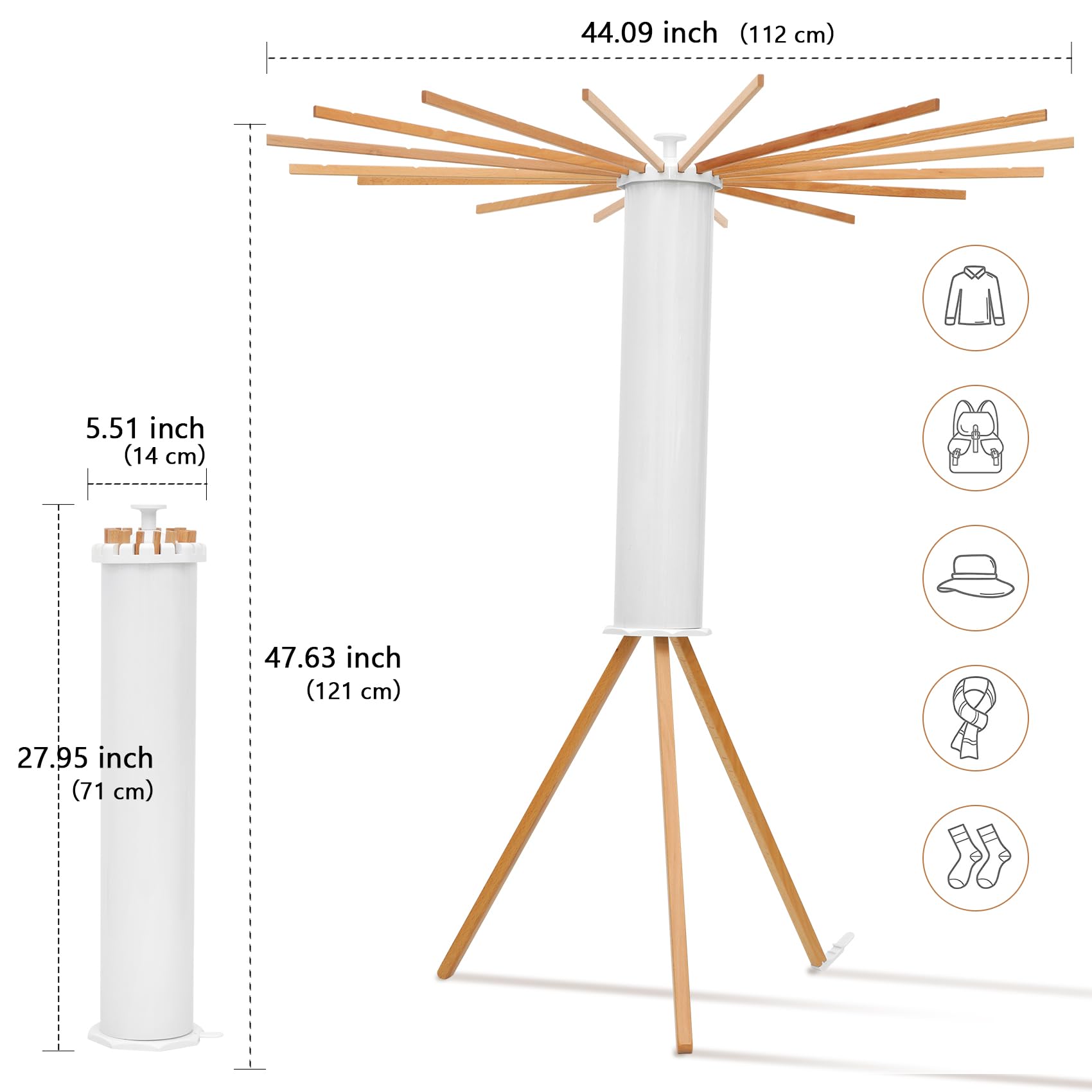 Tripod Clothes Drying Rack,Collapsible and Portable Clothes Drying Rack,16 Wooden Poles,Folding Drying Rack for Clothes,Indoor& Outdoor Holder