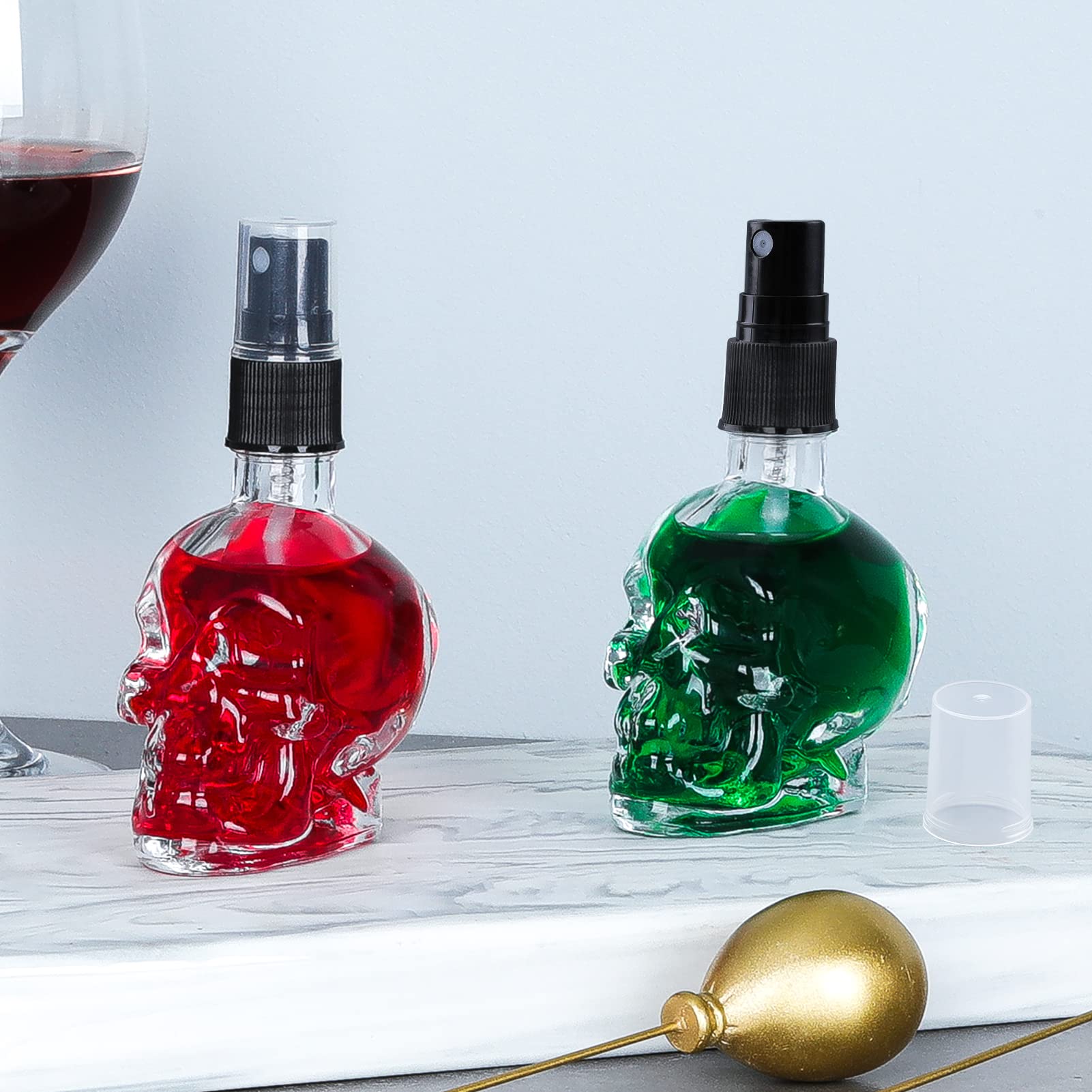 PrinMobel Skull Shaped Spray Bottle - Set of 2-2 oz Small Glass Spray Bottle, Refillable, Fine Mist Atomizer Spray Empty Bottles for Aromatherapy and Personal Care (Halloween)