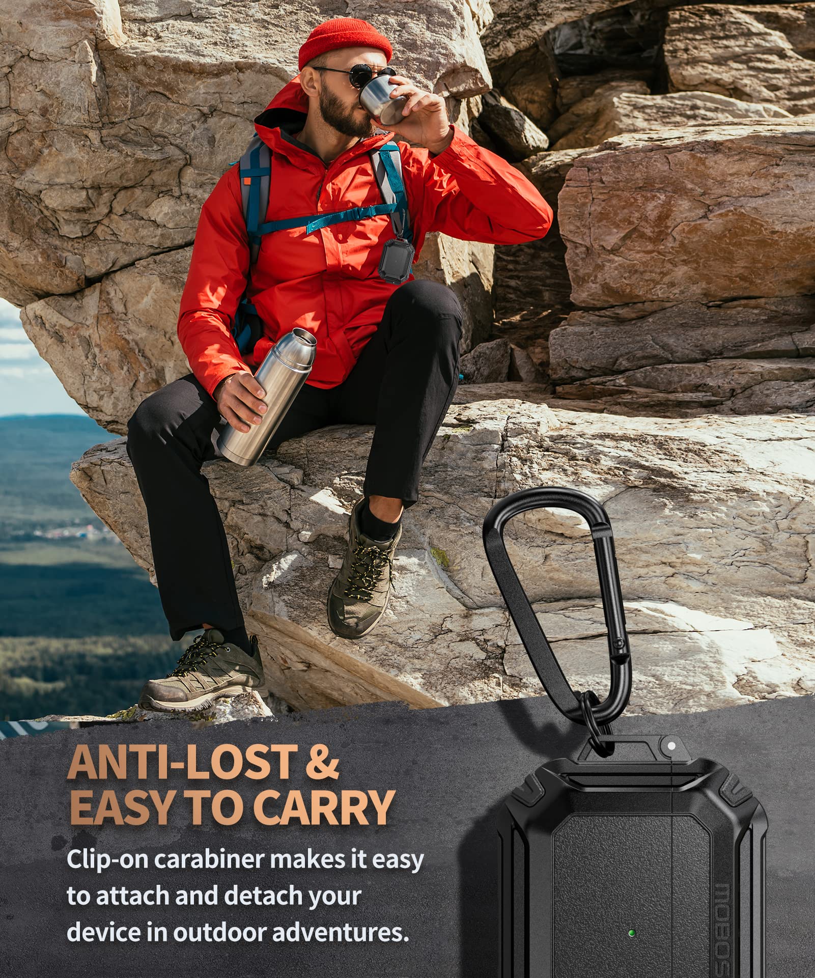 MOBOSI Case with Spring Lock Clip, [Top Cover Never Falls] Hard Rugged Protective Pop-up Case Cover with Keychain for Men, Full-Body Shockproof Case for AirPods Pro, Black