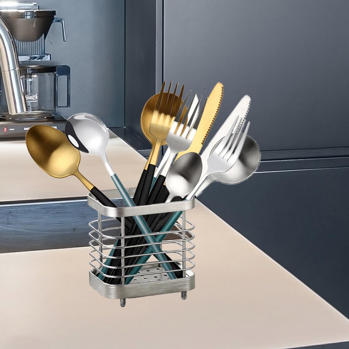 KEINEUX Utensil Holder Kitchen Countertop Organizer, Cutlery Drainer Sink Caddy Storage Drying Rack for Silverware Flatware and Cookware, Stainless Steel, Silver-4"