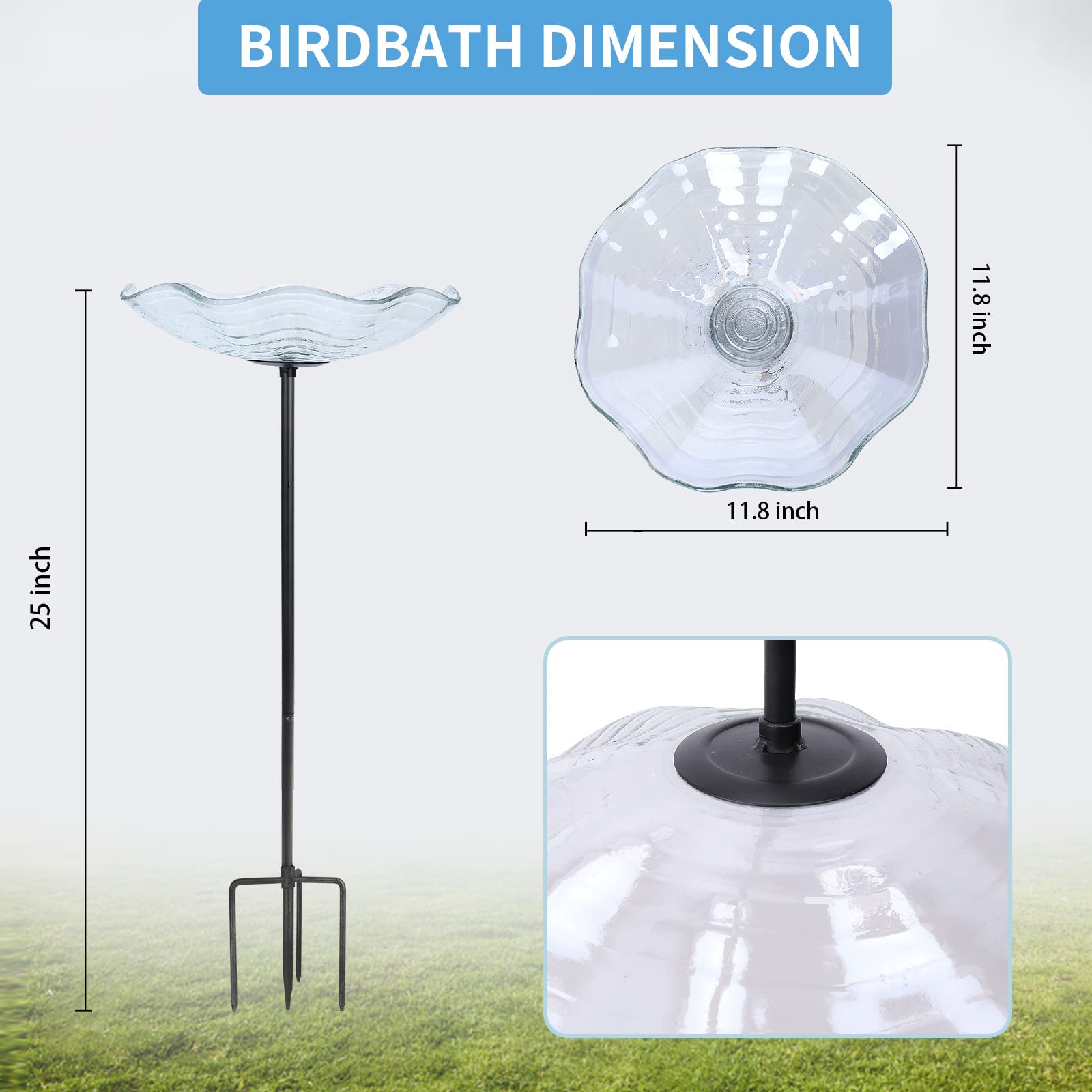 MUMTOP Outdoor Bird Bath, Glass Bird Baths Bowl with Metal Stake for Yard Lawn Garden Decorations, White