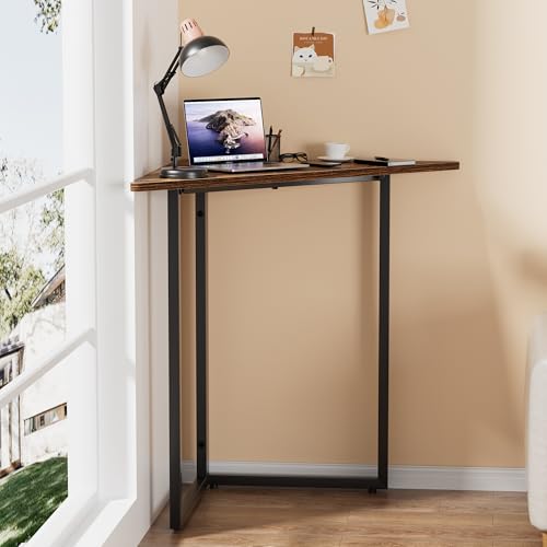 VECELO Corner Shelf, End/Side Tables Corner Computer Desk Storage Shelf for Small Space Triangle Steel Frame Corner Shelves with Metal Frame, Living Room, Bathroom, Brown 31.1"