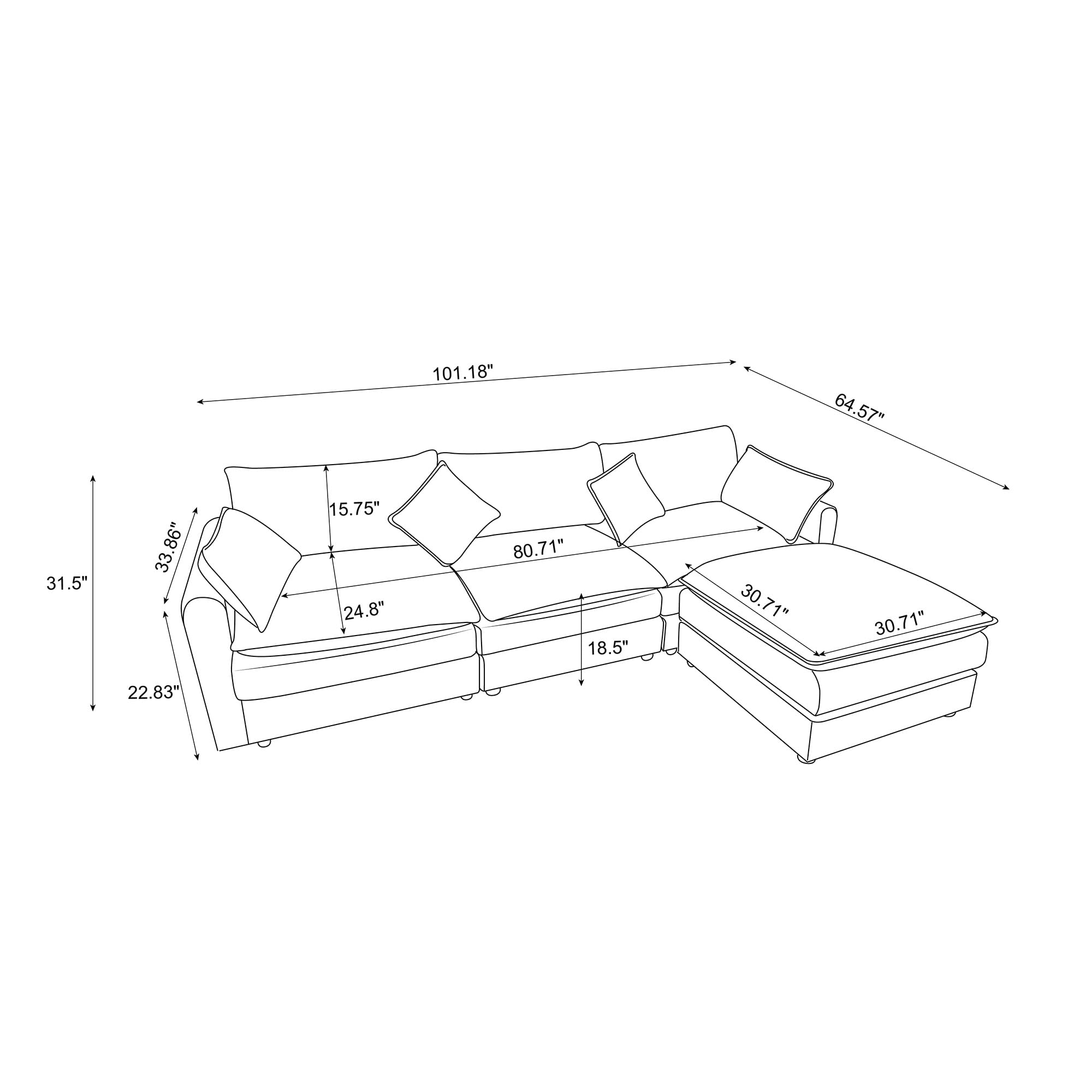 Tmsan 101.18" Modular Sectional Sofa Couch for Living Room, Modern L Shaped Cloud Couch Set with 2 Pillows, 4 Seater Chenille Sofa with Convertible Ottoman for Apartment Office