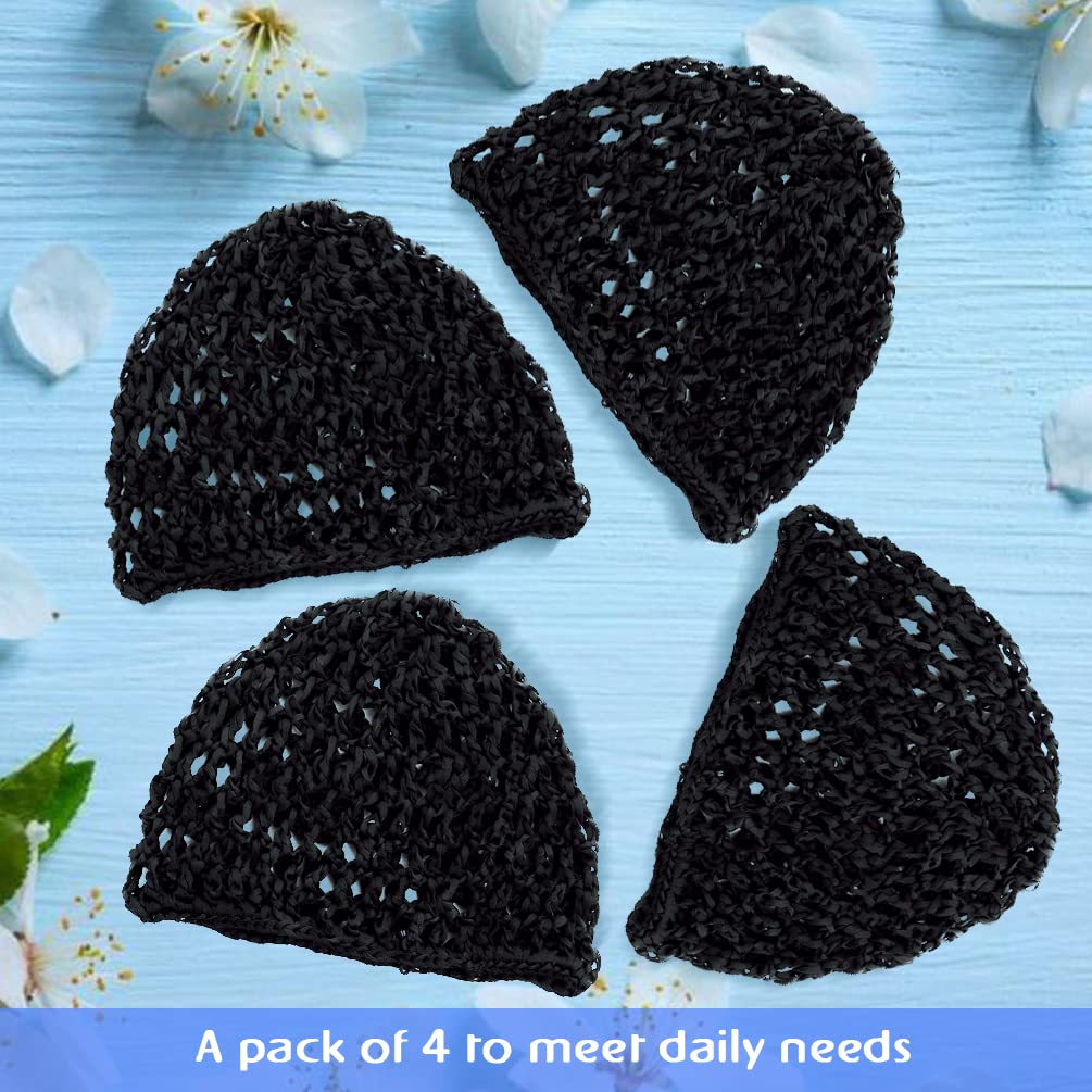 MODSIGHT Mesh Hair Net for Women Sleeping, 4 Pcs Rayon Snood Crocheted Cover Ornament for Sleeping, Black Crochet Hair Net for Women Sleep Cap (Black)