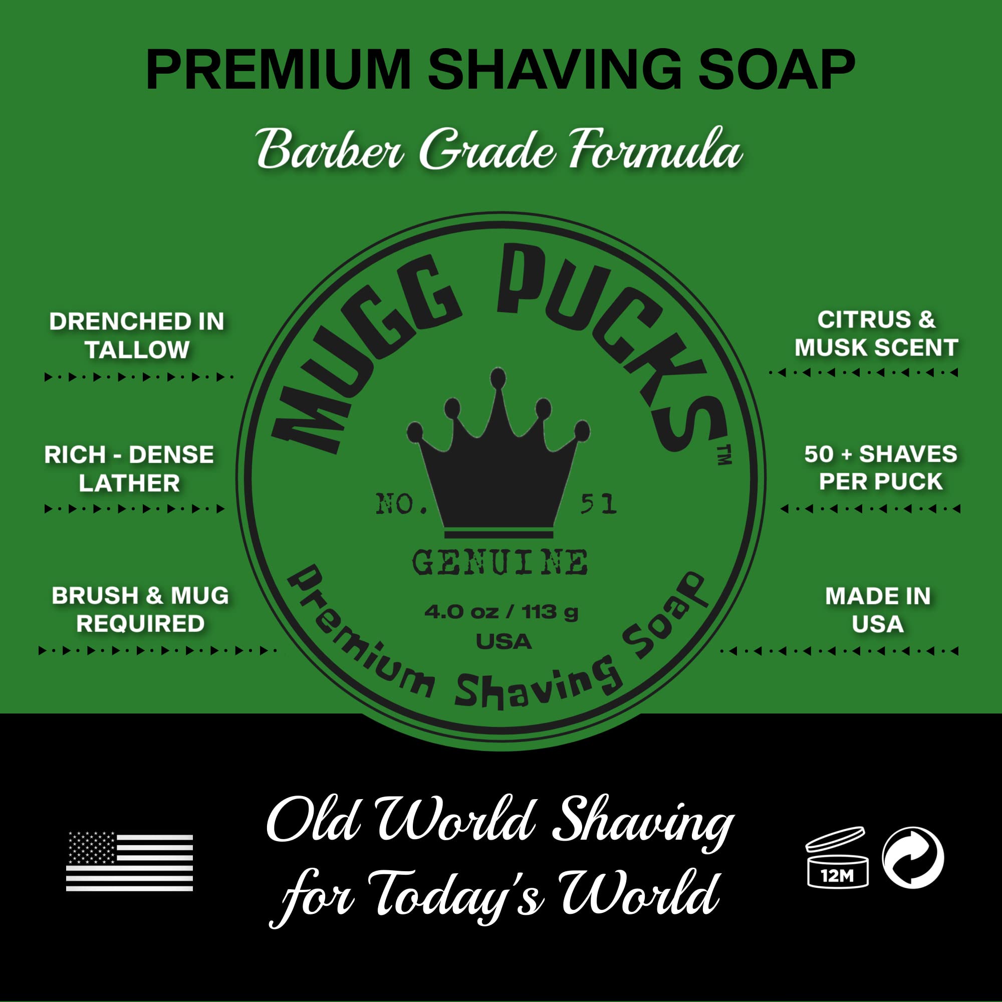 Mugg Pucks Premium Shaving Soap for Men. Powered with Beef Tallow, Stearic Acid & Shea Butter. 4 oz / 113 g (Clover Field) 1 Pack
