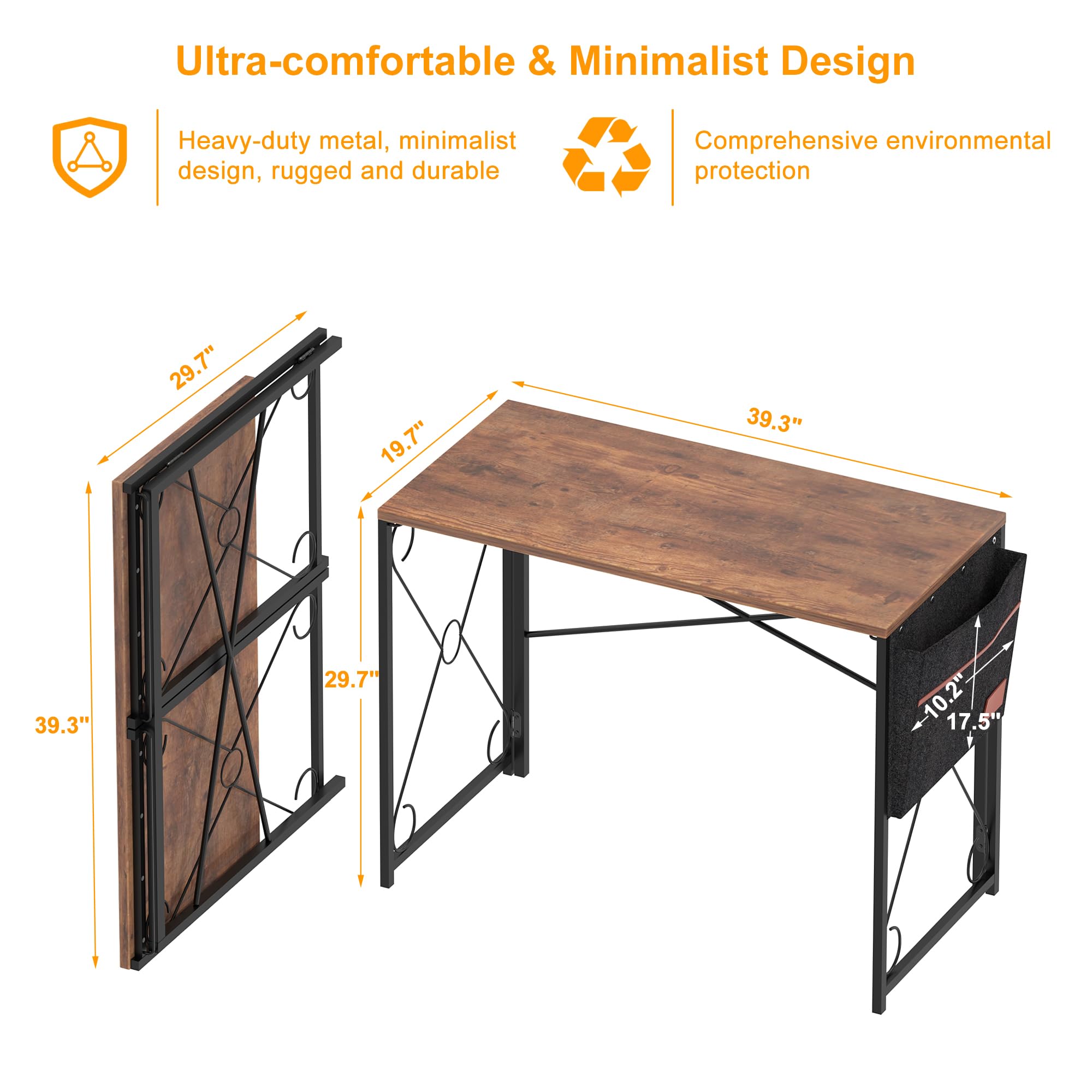 VECELO Folding Desk with Storage Bag 39 Inch Writing Desk Home Office Sturdy Steel Laptop Table for Home Office Work Rustic Brown