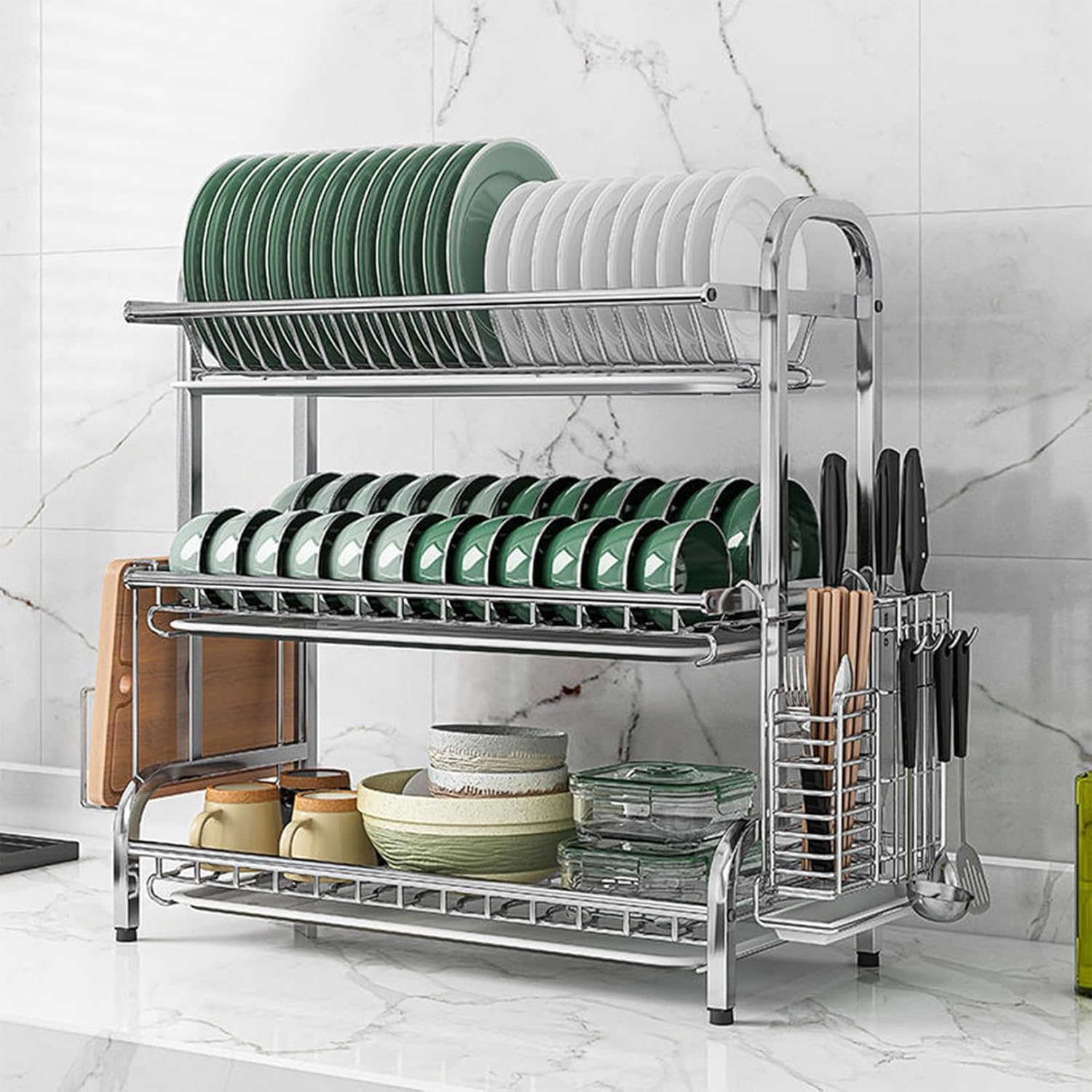 Stainless steel kitchen utensil drain rack - rust proof, kitchen countertop three-layer utensil rack with drainage layer, cutting board rack, dishwashing rack, large capacity kitchen storage rack
