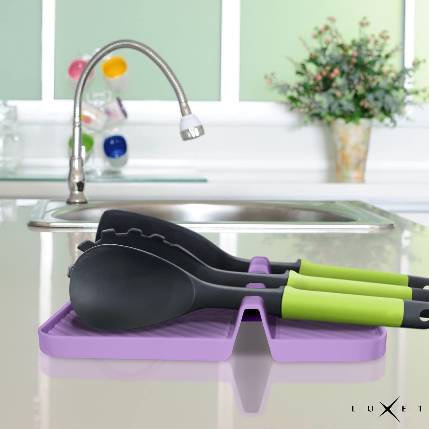 Luxet Updated Spoon Rest for Kitchen Counter, Heat-Resistant Silicone Utensil Rest for Countertop with Drip Pad,Non-Slip Spoon Holder for Stove Top Kitchen and Grill Utensil Holder Lid (Purple)