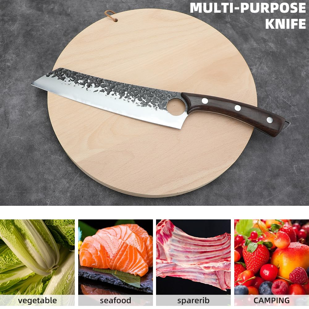 Sharp Chef Knife Hand Forged Meat Cleaver Professional Butcher Knife for Meat&Bone with Ergonomic Handle and Sheath, for Kitchen BBQ Outdoor Camping Ideal Gift (8.3 inch)