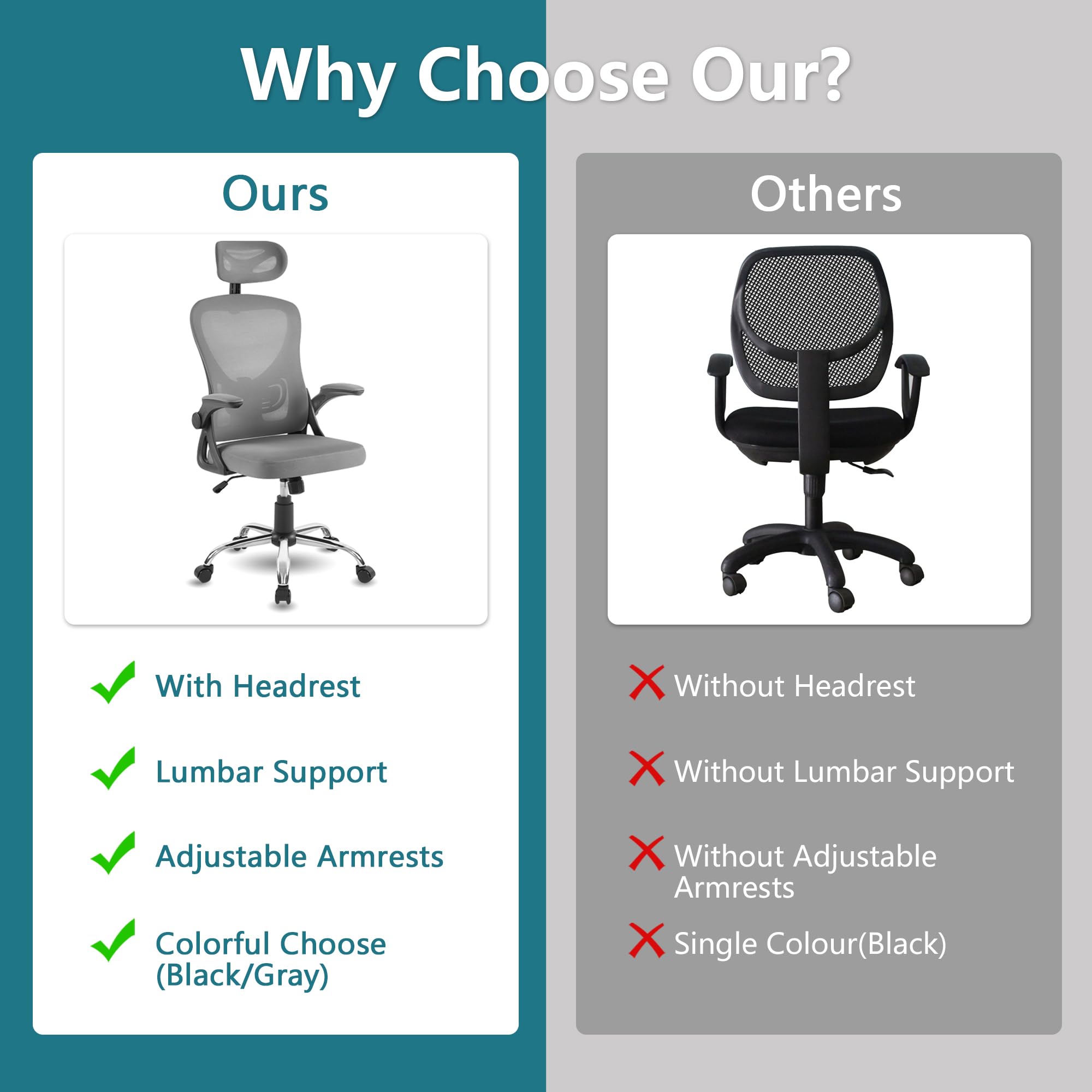 VECELO High Back Ergonomic Office Chair with Adjustable Headrest Armrest, Mesh Lumbar Support, Swivel Wheels for Home Study Work, Gray