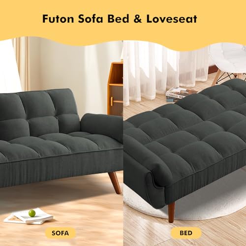 Wonder Comfort Linen Futon Sofa Bed Loveseat, Adjustable Backrest Convertible Sleeper Reclining Couch with Tapered Wood Legs, Dark Gray