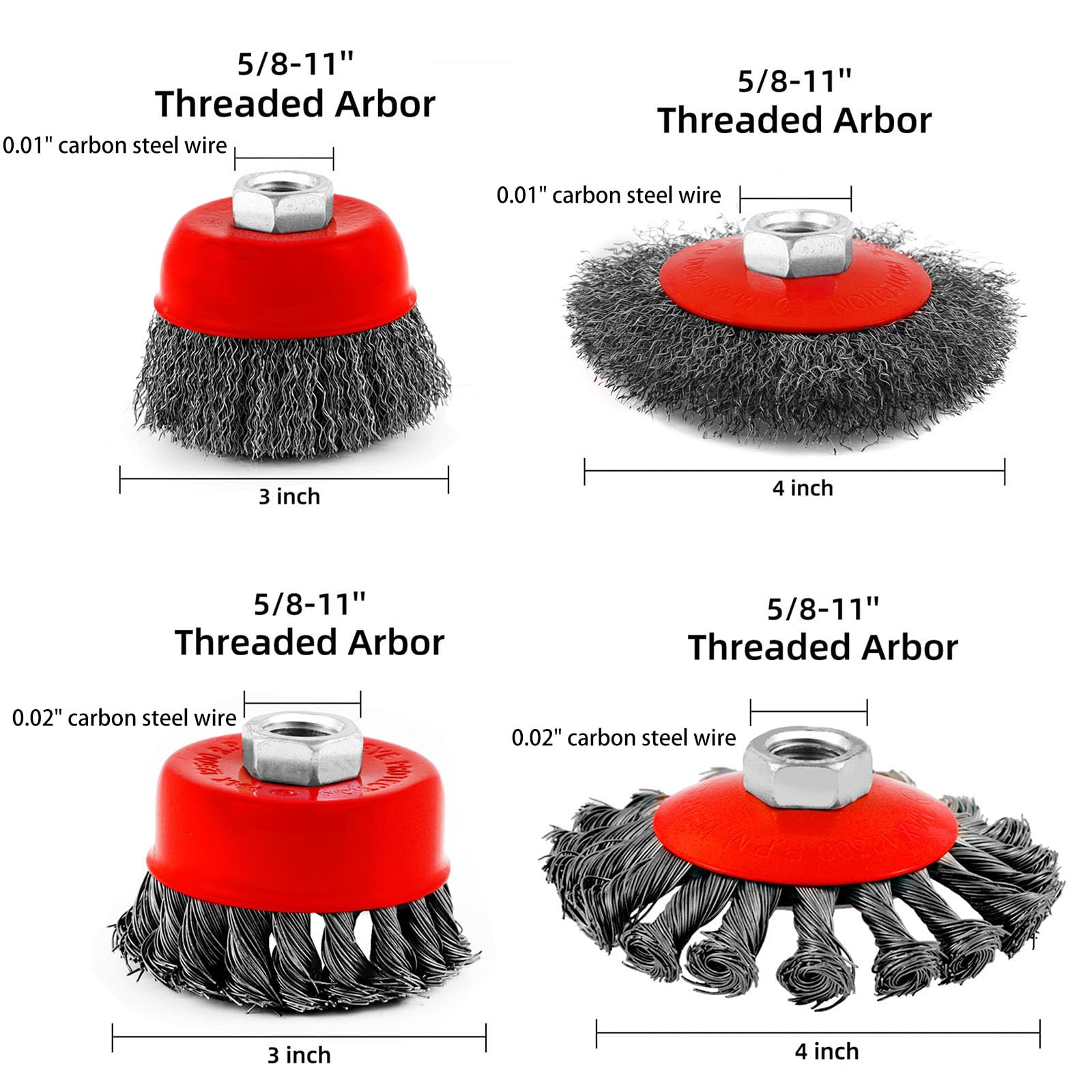 Wire Cup Brush Set Packaged with 4 different Wire Wheel Brushes for Angle Grinder 4 1/2 Angle Grinder and 5/8”-11 Thread Arbor(4 Packs )