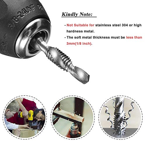 Mesee 6 Pieces Drill Tap Combination Bit Set, 1/4'' Hex Shank HSS Deburr Countersink Bits Spiral Screw Tap Tool Kit - Imperial 1/8 5/32 3/16 1/4 5/16 3/8