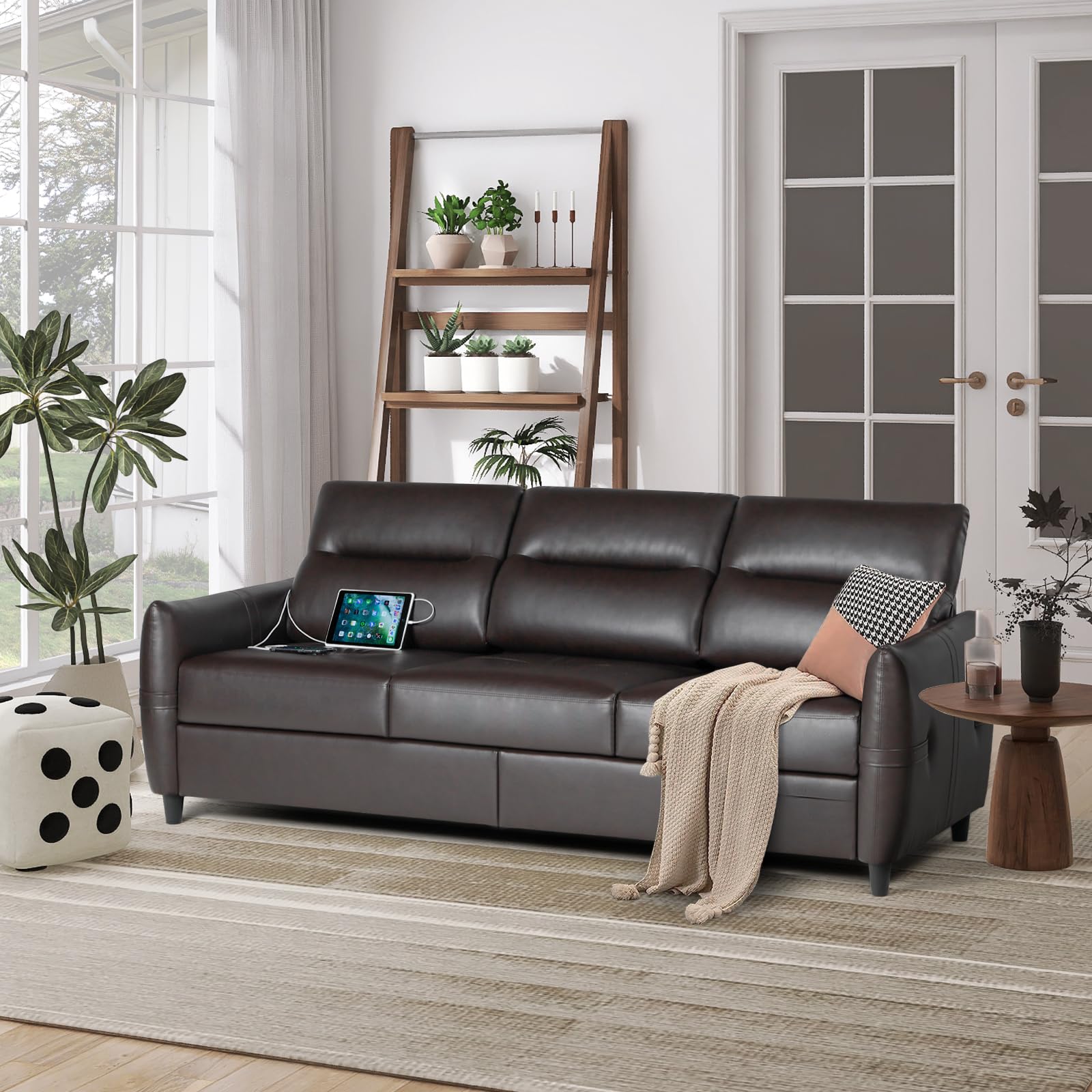STHOUYN 85β Faux Leather Sofa Brown Leather Couch with USB, Mid Century Modern 3 Seater Couches Sofas Living Room, Apartment Couch, Large Office Sofa Couch, Stain Resistant & 3 Tufted Cushion (Brown)