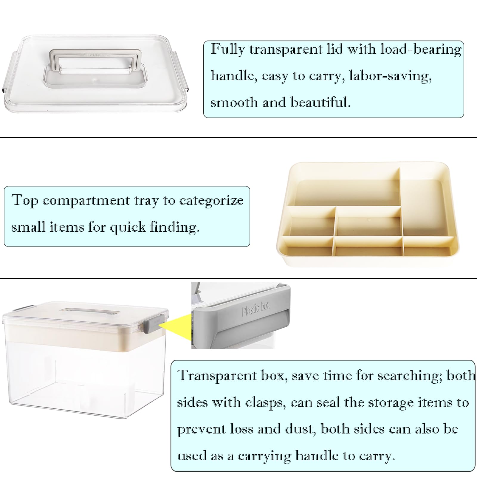 XUDAUP Plastic Storage Boxes with Removable10 inch Crafts Organizer Box Bin with Handle Container Latching Organization for Toys,Stationery,Beads,Sewing Supplies Clear white