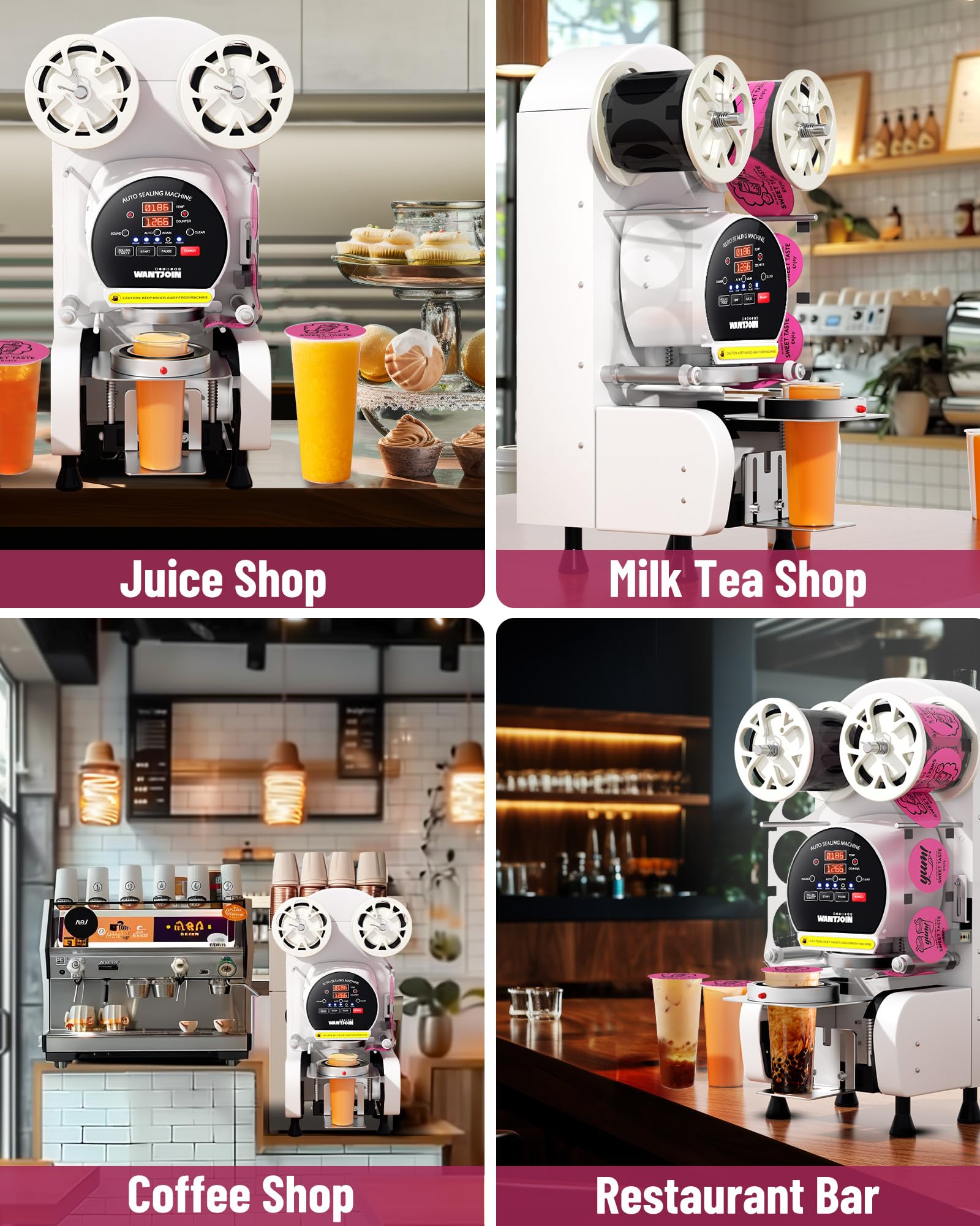 WantJoin Cup Sealing Machine Full Automatic Cup Sealer Machine 89/90/95MM 3.50/3.54/3.74IN Electric White Cup Sealing Machine 500-600 Cups/H(White)