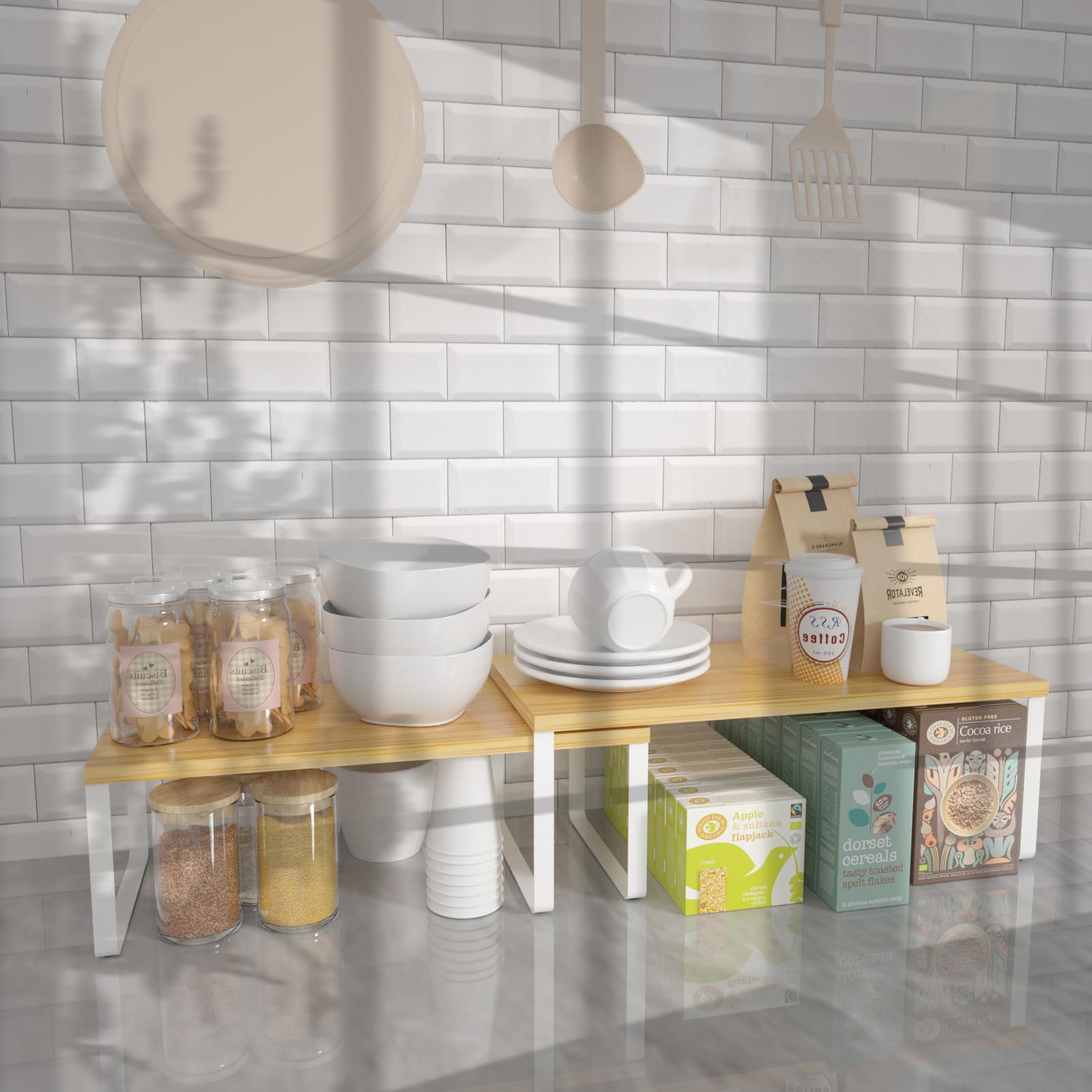 NEX Kitchen Cabinet and Counter Shelf Organizer, Stackable & Expandable, Set of 4, White and Natural - 7.7 x 15.6 x 6.2''