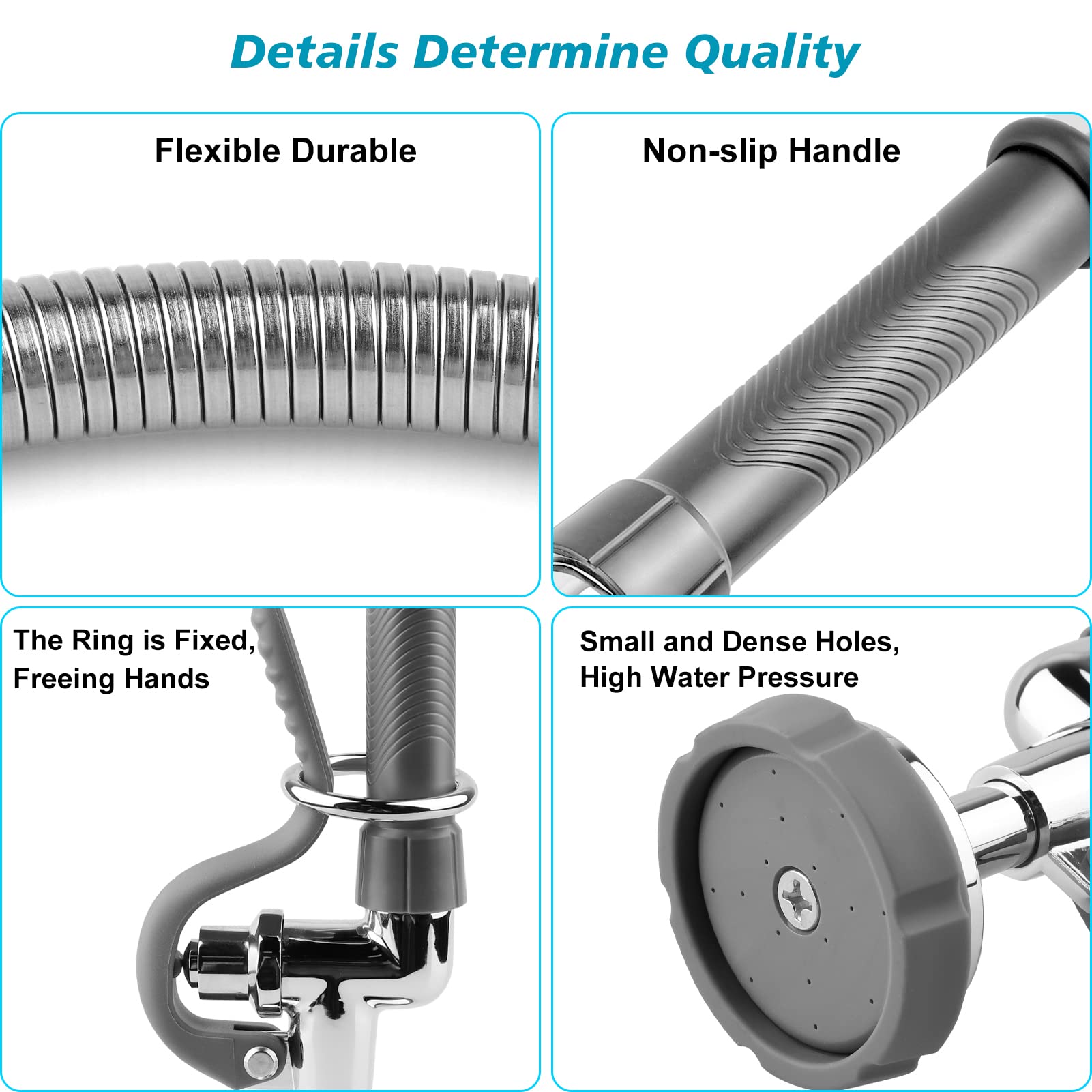 NETISR Commercial Sink Sprayer with 44" Flexible Stainless Steel Hose, Universal Pre-Rinse Dish Spray Valve Replacement Kit Assembly Sprayer Nozzle Head, Grey