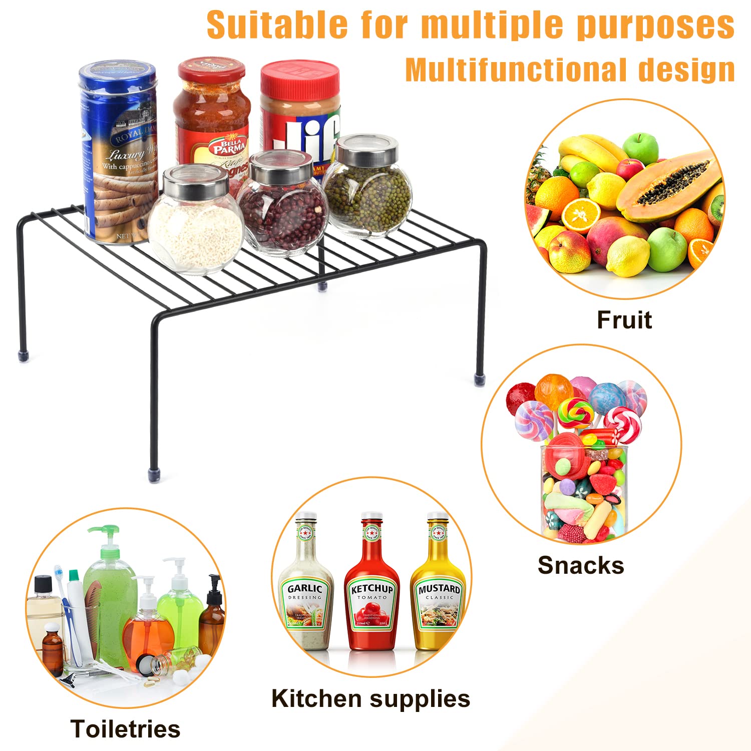 Kitchen Cabinet Storage Shelf Rack/Plastic Feet - (13.1 x 10.2 Inch) - Steel Metal - Rust Resistant Finish - Cups, Dishes, Cabinet & Pantry Organization (4, Black)