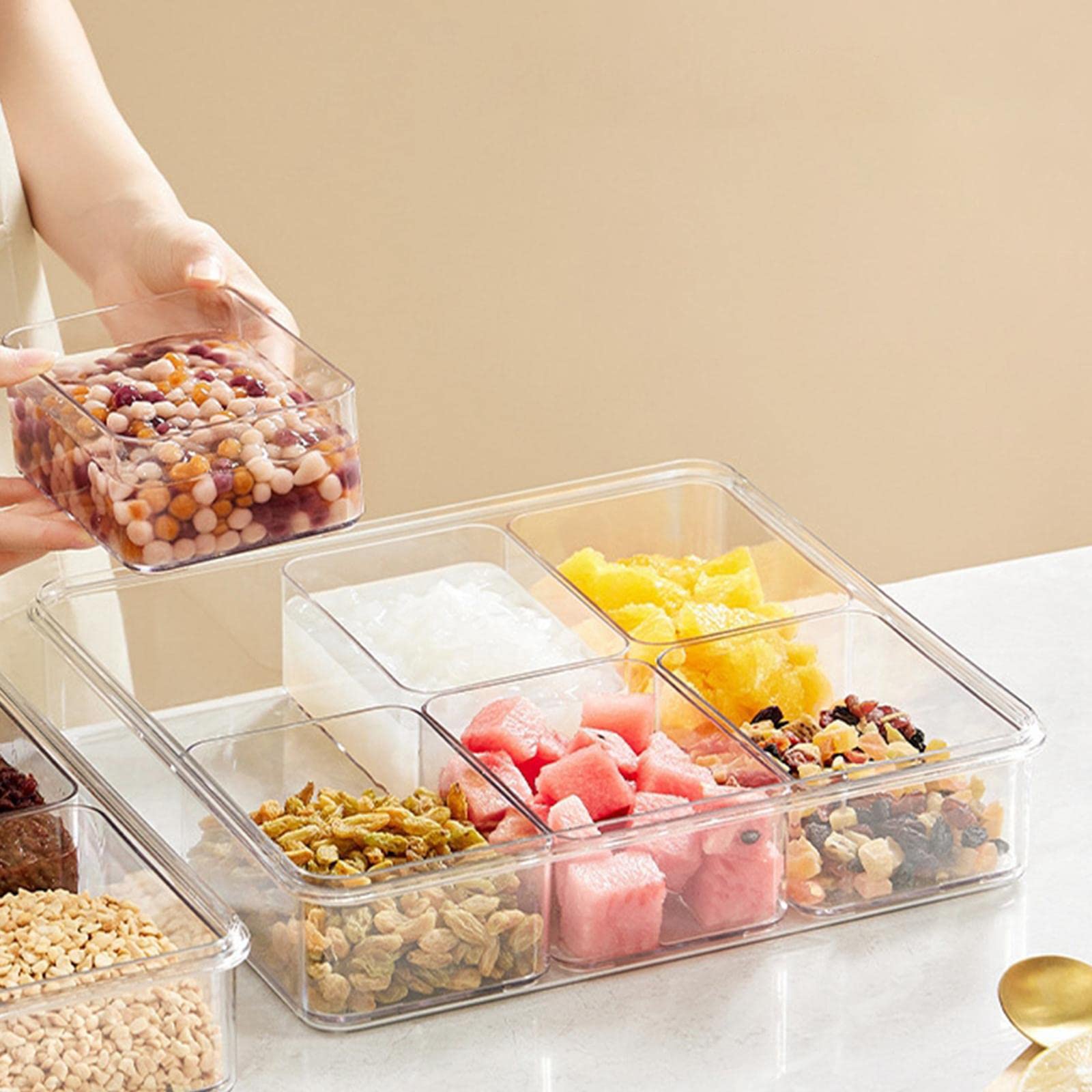 KLKCMS Snack Container Divided Food Storage Container Clear 6 Grids with Handle Lid, Divided Seasoning Box, Dried Fruit Plate for nuts Cookies