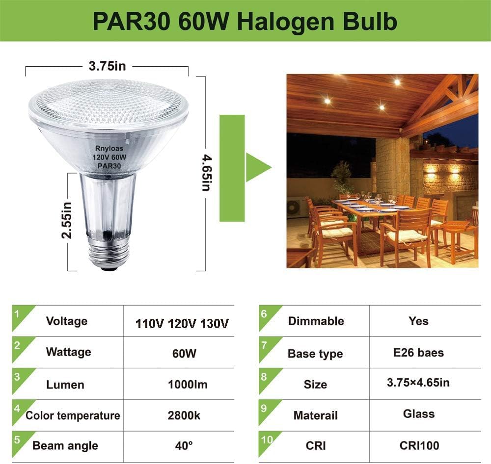 Rnyloas PAR30 Long Neck, 6PCS PAR30 60W 120V Flood Dimmable, PAR30 Halogen Bulb Long Lasting Lifetime with E26 Medium Base, PAR30 Flood Light High Brightness & CRI100 for Recessed Lighting