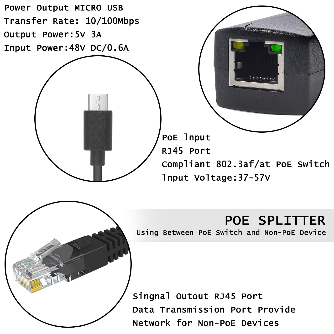 OIIXXV Gigabit Type C PoE Splitter 5V 3A, IEEE 802.3af/at Standard Compliant, 10/100/1000Mbps, USB Adapter for Raspberry Pi 4B, 27.5 x 2.8 x 2.3cm (TYPEC0503G)